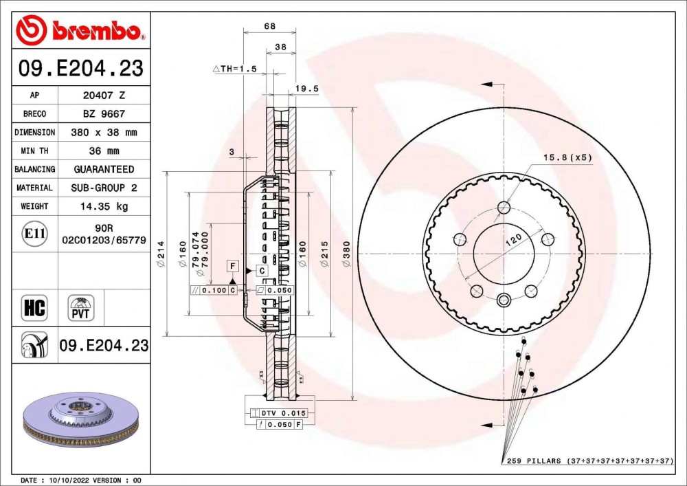 LR153518 OE Brembo Front 380mm Brake Disc one L460 & L461